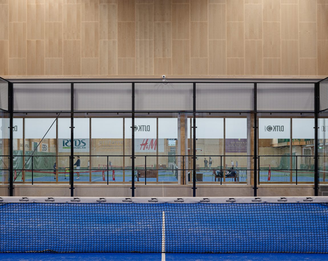 Acoustic panels in birch veneer clad padel hall | Gustafs Scandinavia