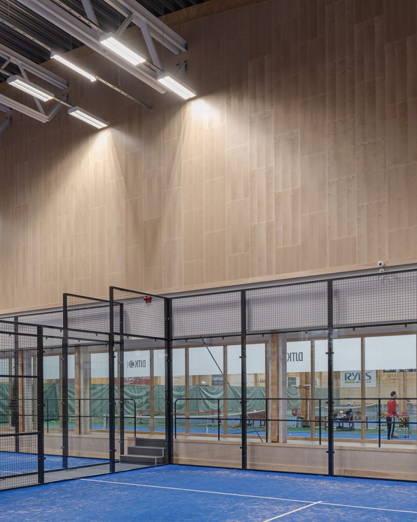 Acoustic panels in birch veneer clad padel hall | Gustafs Scandinavia